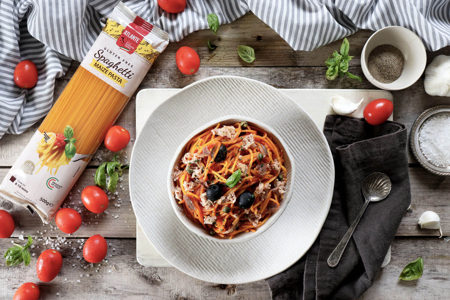Maize Spaghetti with arrabbiata sauce, tuna, black olives and anchovies ...
